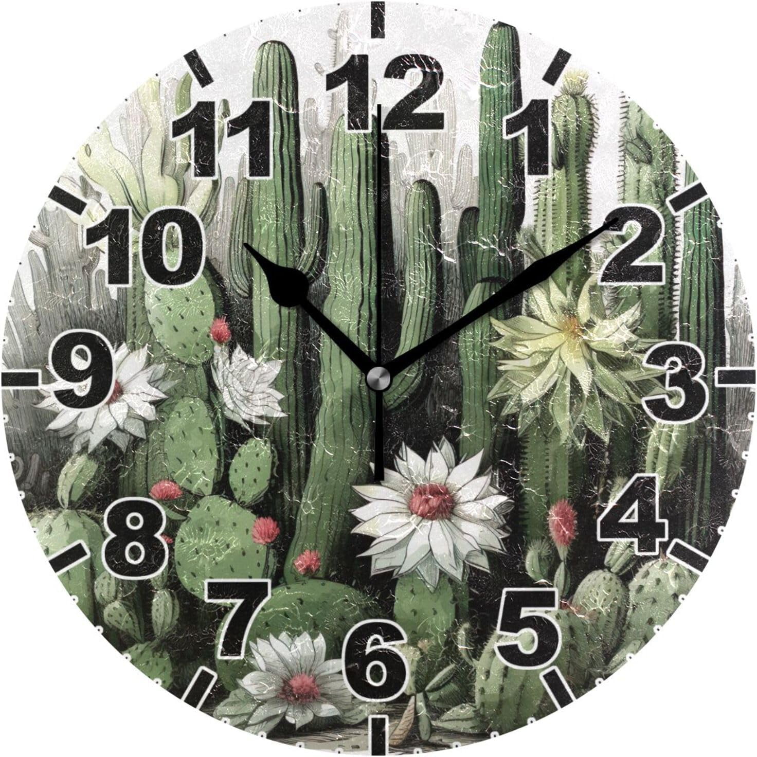 GZHJMY Cactus Plant Round Wall Clock, Battery Operated Silent Non ...