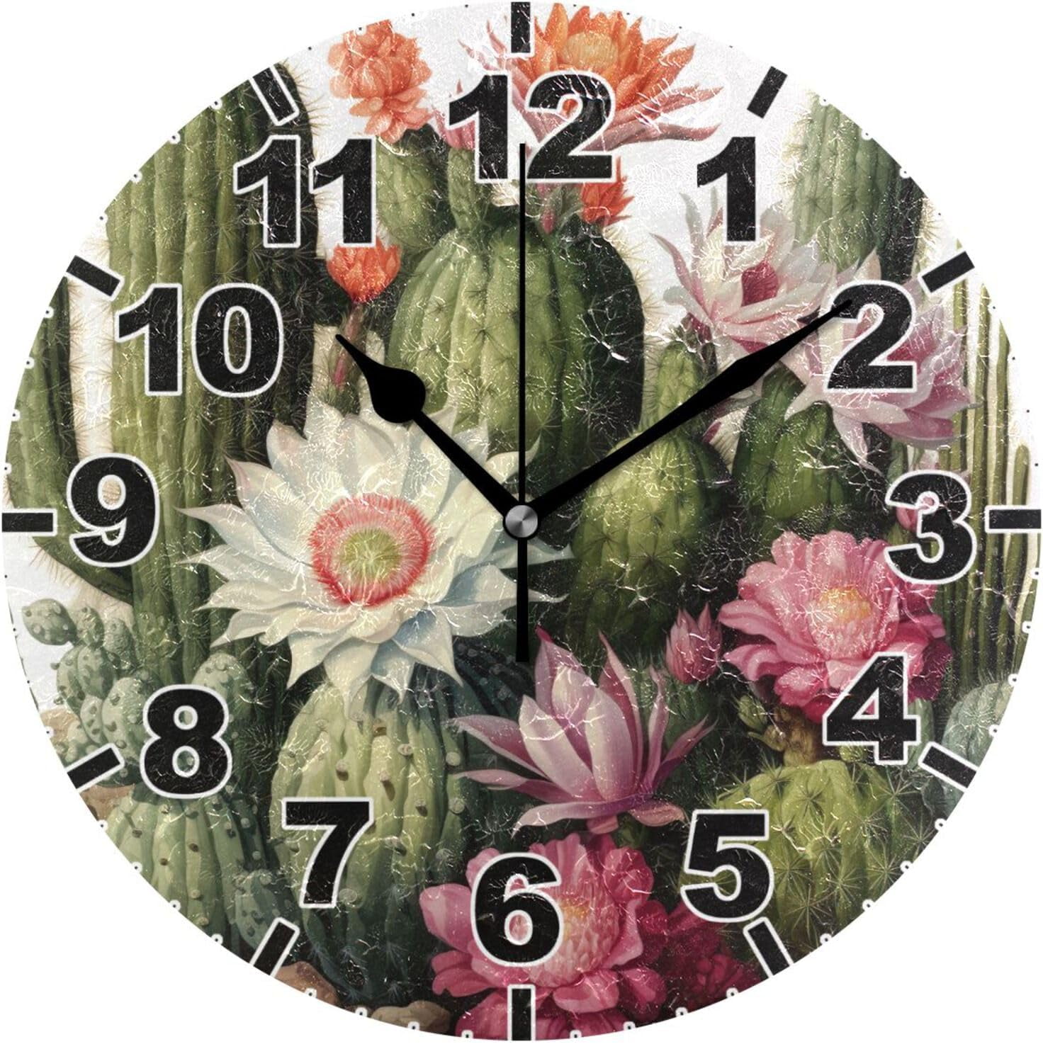 GZHJMY Cactus Plant Round Wall Clock, Battery Operated Silent Non ...