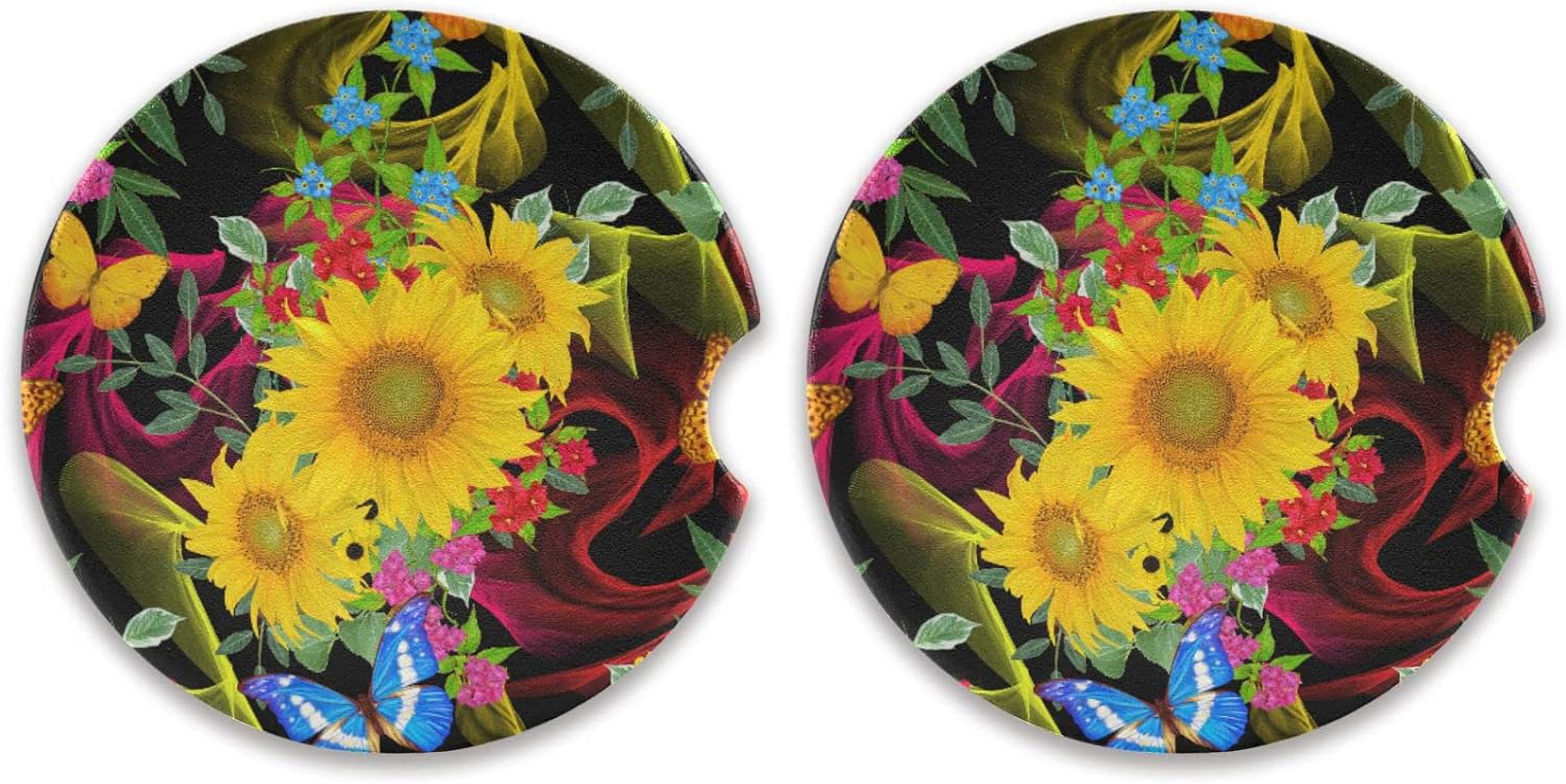 GZHJMY Car Coasters 2 Pcs Yellow Sunflowers Blue Butterflies Ceramic ...
