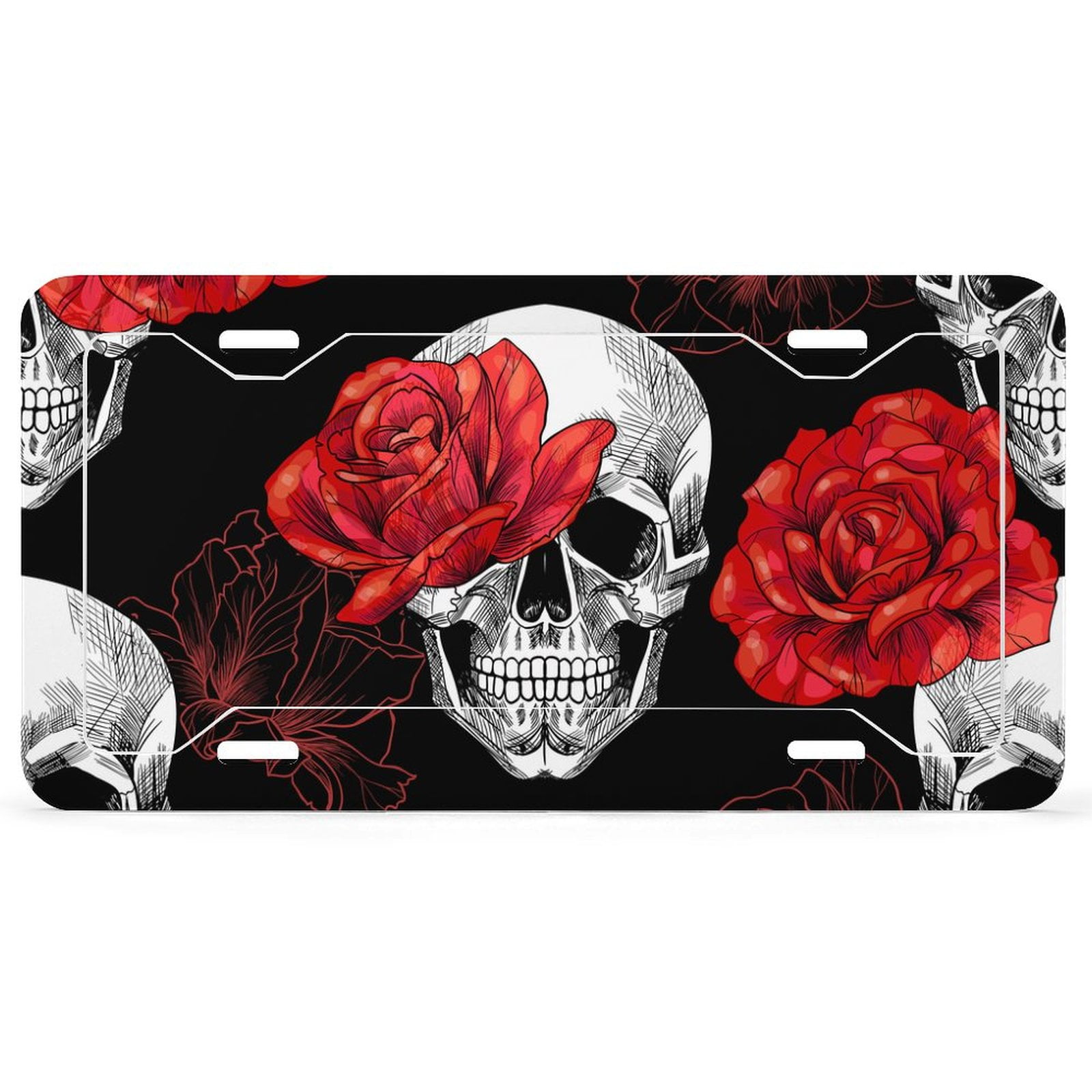 GZHJMY Car License Plate Cover and Frame, Skull Red Roses Black ...