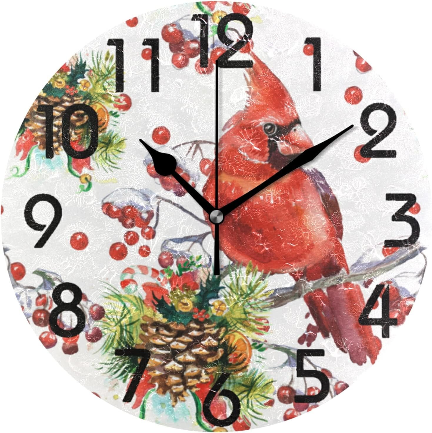 GZHJMY Cardinal Birds On Fir Branch Berry Christmas Round Wall Clock, 9 ...