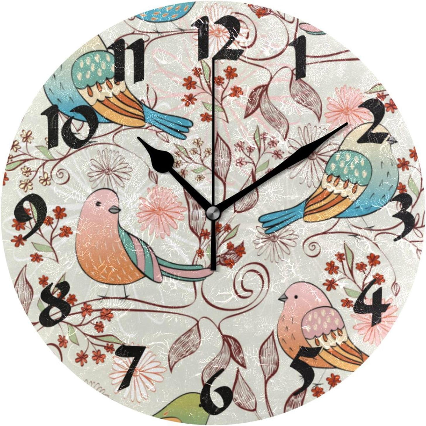 GZHJMY Cartoon Birds Round Wall Clock,Silent Non Ticking Battery ...
