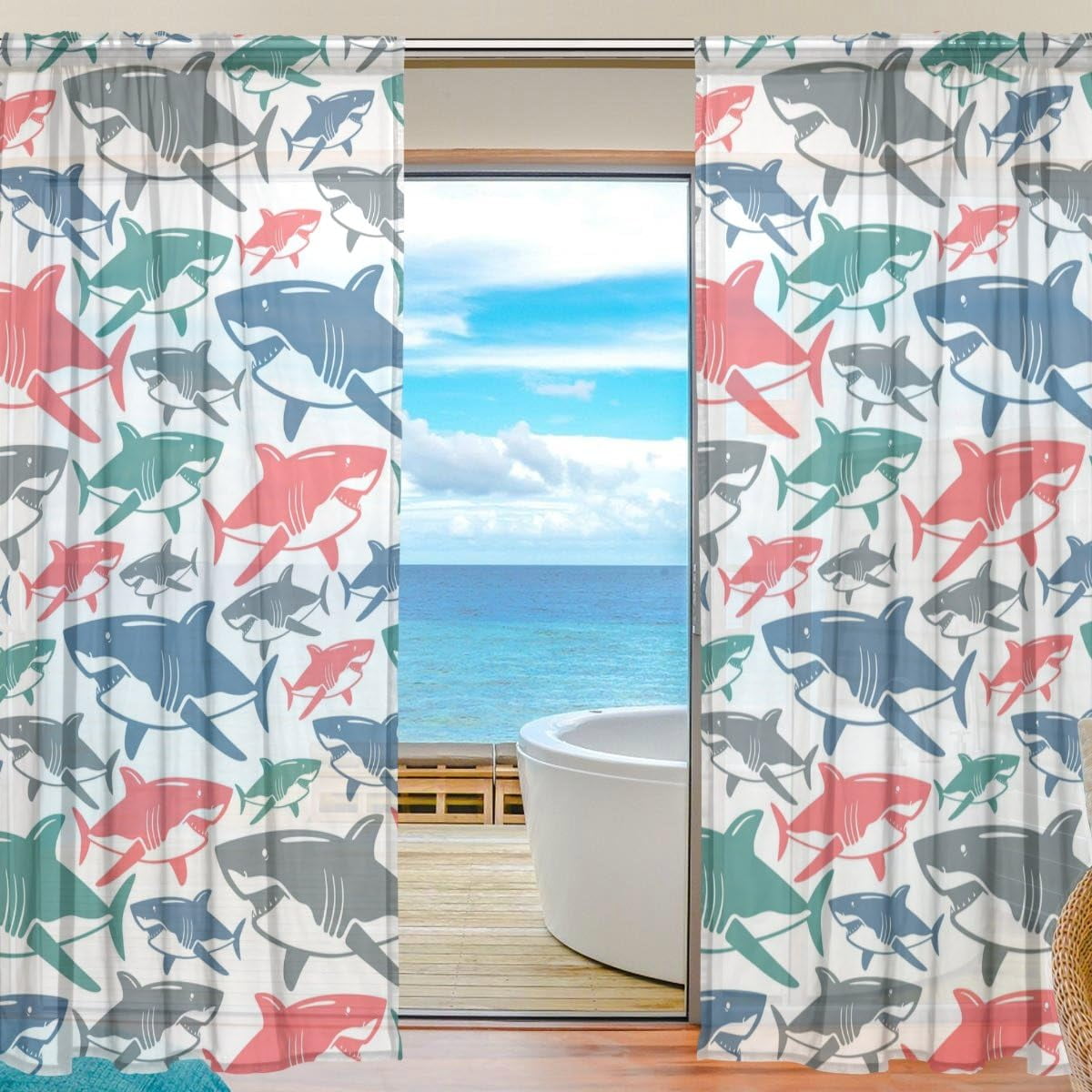 GZHJMY Cartoon Colorful Sharks Sheer Window Curtain Panel Drape 55x84 ...