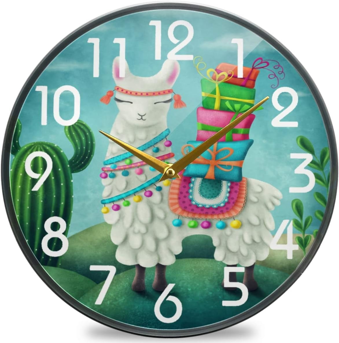 GZHJMY Cartoon Cute Llama with Gift Cactus Round Wall Clock, 9.5 Inch ...