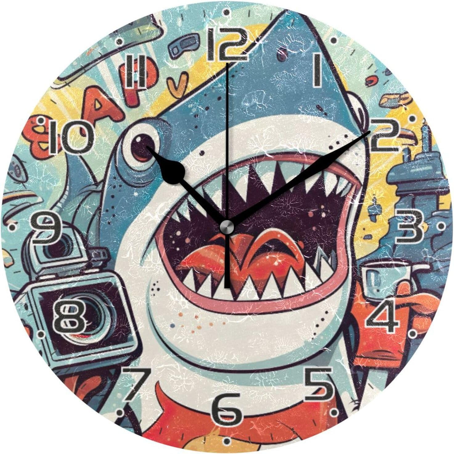 GZHJMY Cartoon Funny Shark Clock Silent Round Wall Clock Non Ticking ...