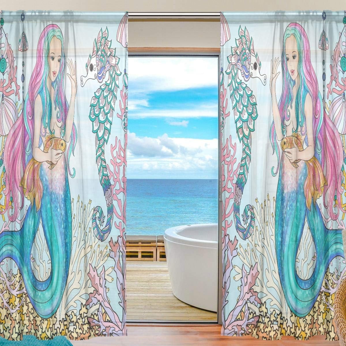 GZHJMY Cartoon Mermaid Gold Fish Seahourse Sheer Curtains Window Voile ...