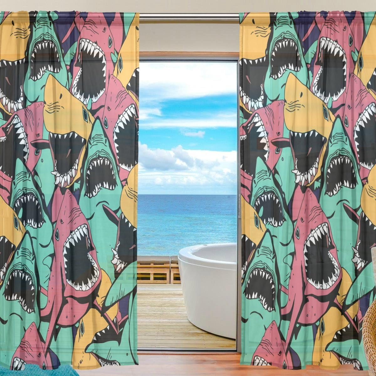 GZHJMY Cartoon Shark Sheer Window Curtain Panel Drape 55x78 Inch for ...