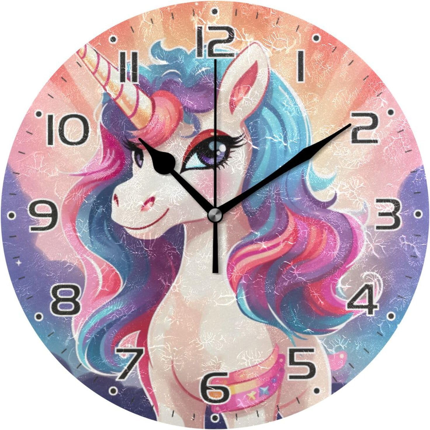 GZHJMY Cartoon Unicorn Clock Silent Round PVC Wall Clock Non Ticking Battery Device Clocks ...