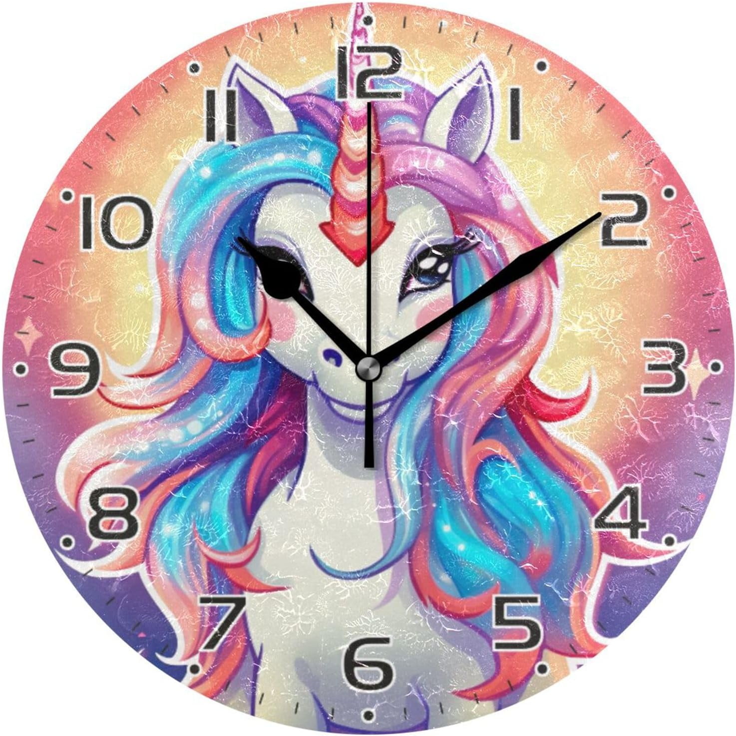GZHJMY Cartoon Unicorn Clock Silent Round PVC Wall Clock Non Ticking Battery Device Clocks ...