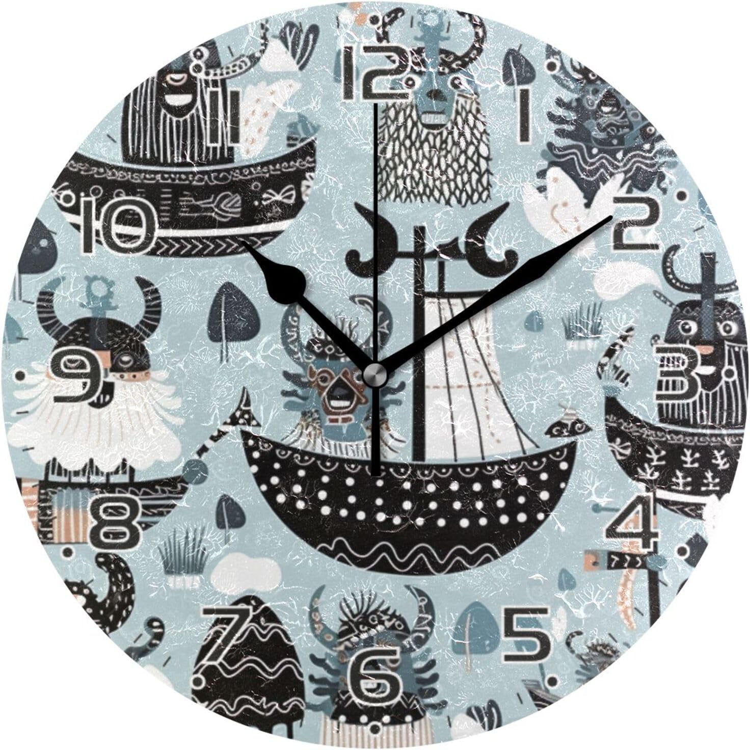 GZHJMY Cartoon Viking Clock Silent Round Wall Clock Non Ticking Battery ...