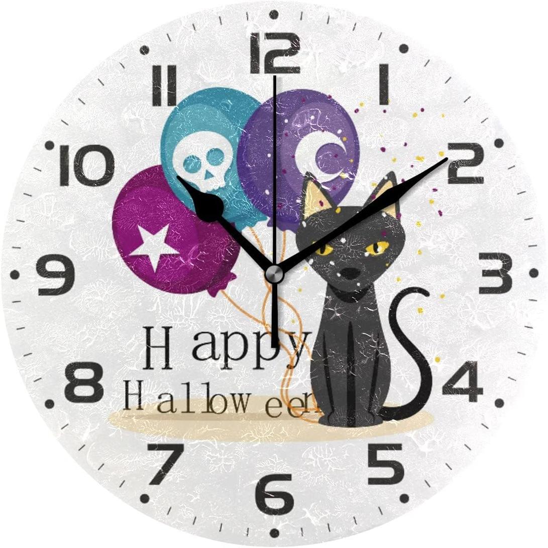 GZHJMY Cat Balloon Halloween Wall Clock, 10" Silent Non Ticking Round ...