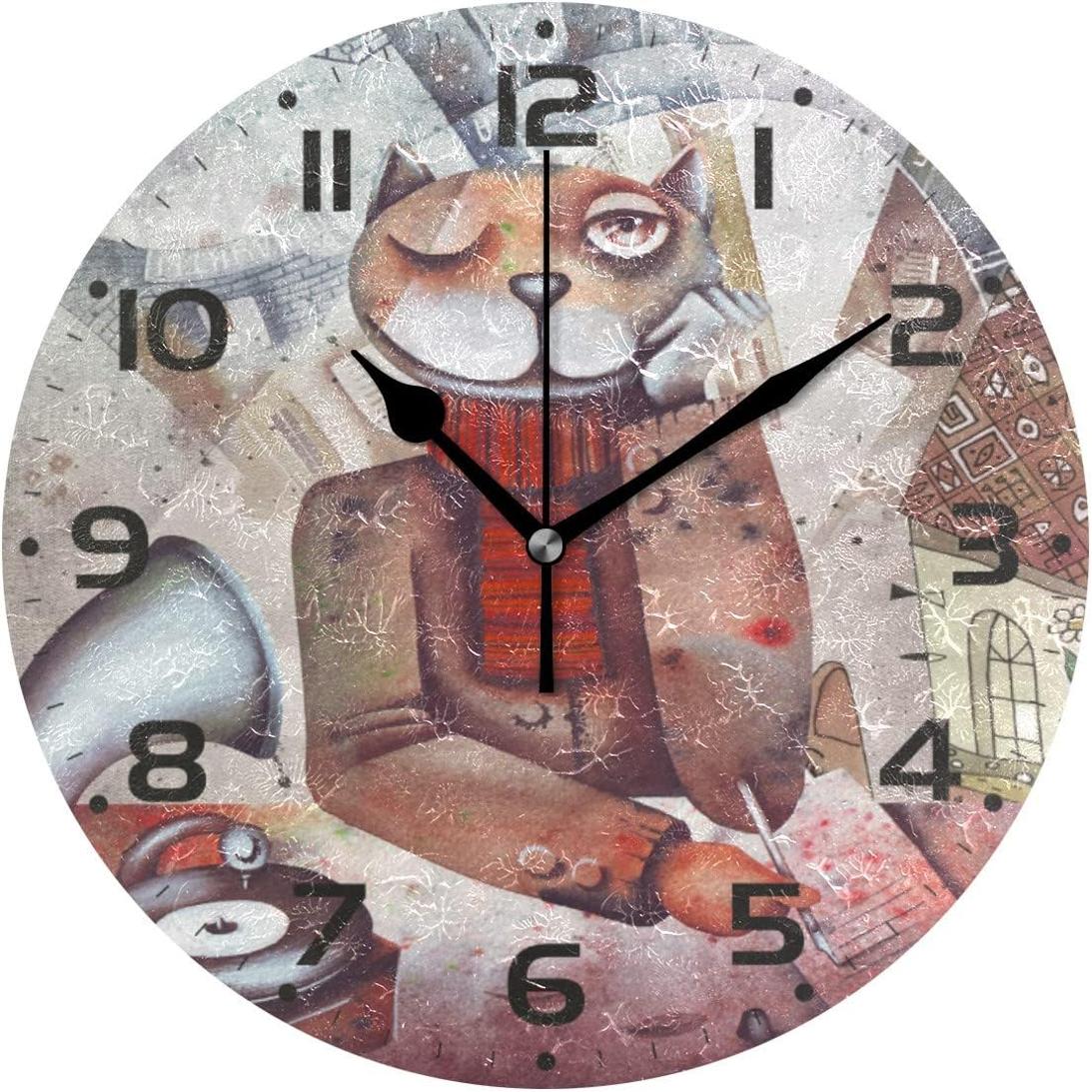 GZHJMY Cat Listen Music Wall Clock, 10" Silent Non Ticking Round Clock ...