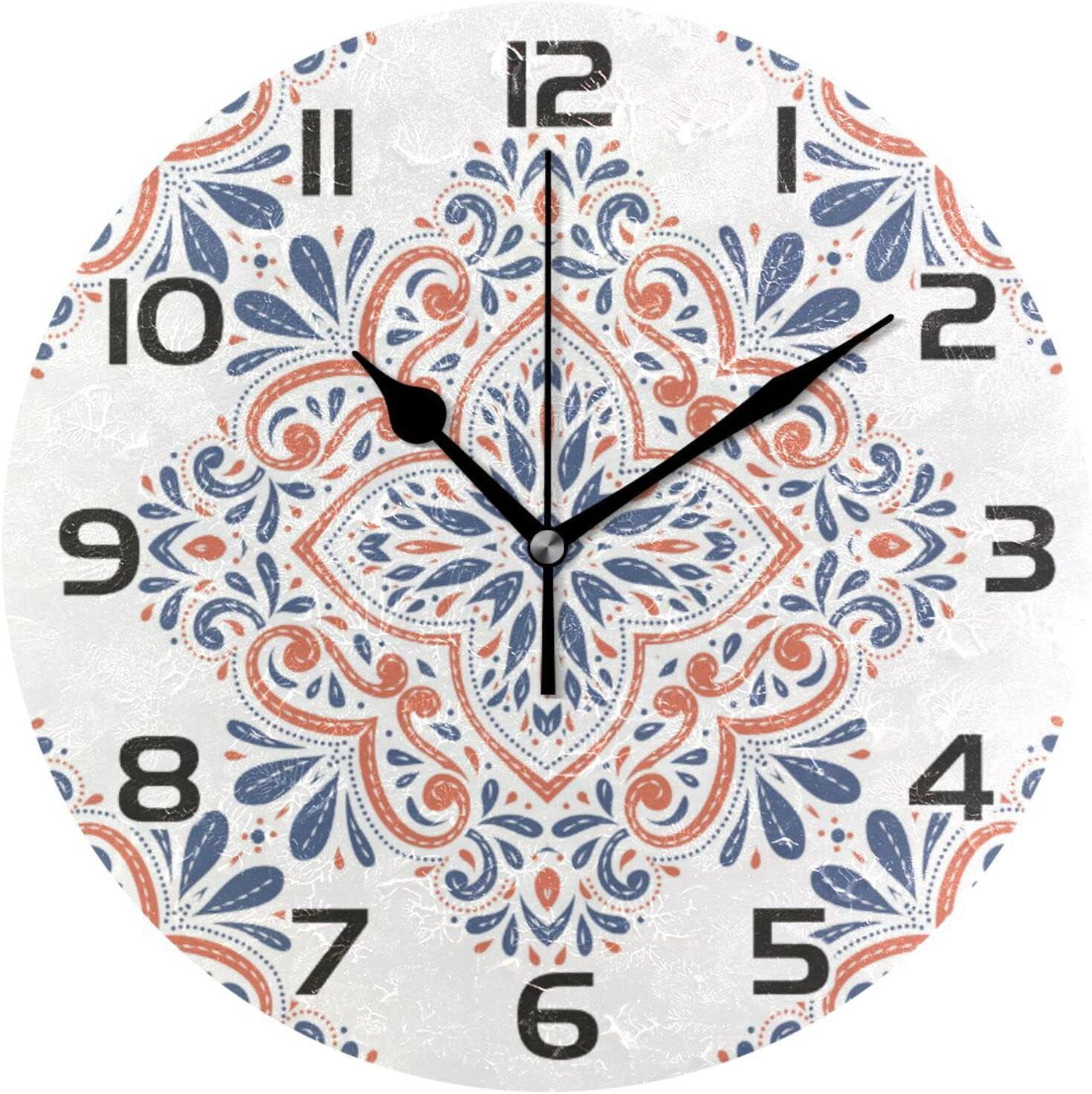 GZHJMY Ceramic Talavera Pattern Wall Clock Round Vintage Silent Non ...