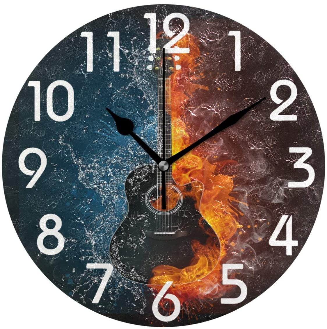 GZHJMY Chic Acoustic Guitar in Fire and Water Print Round Wall Clock ...