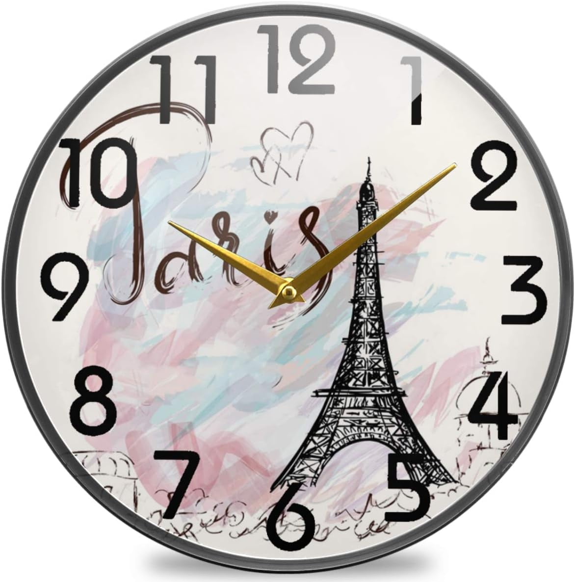 GZHJMY Chic Romantic Paris Eiffel Tower Print Round Wall Clock, 9.5 Inch Silent Battery Operated ...