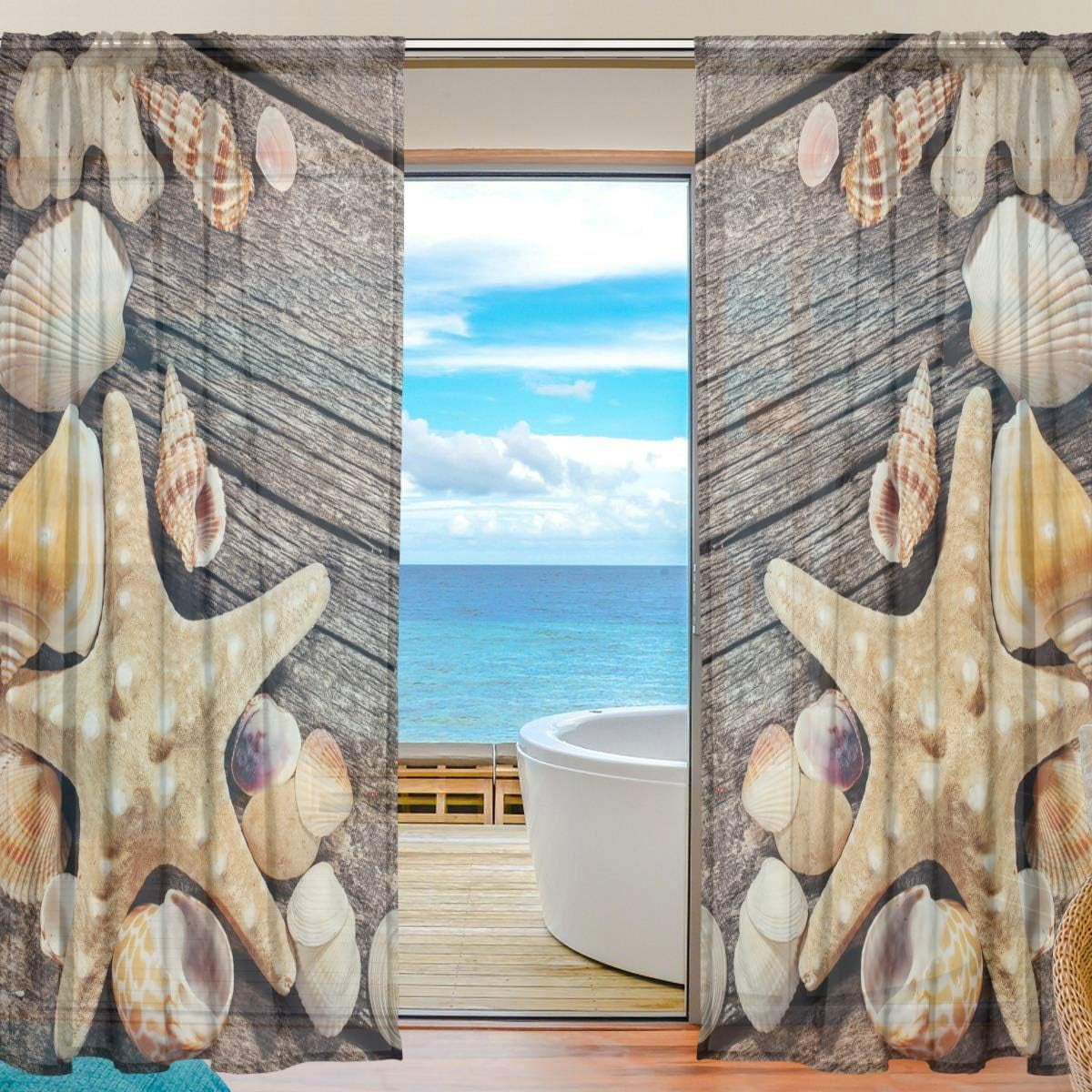 GZHJMY Chic Sea Shells Sheer Curtains Window Voile Panels Drapes Tulle ...