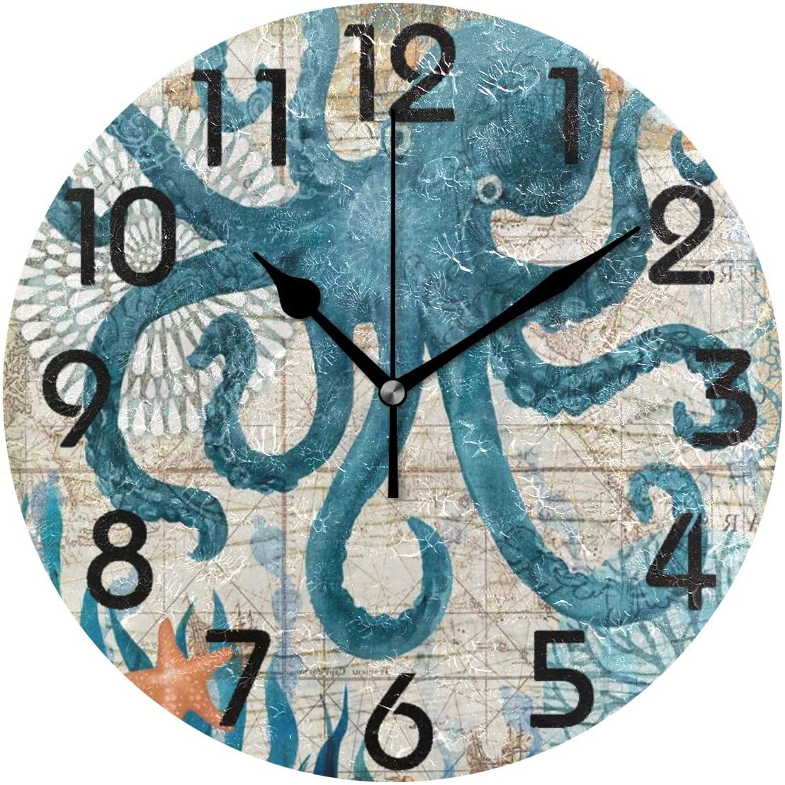GZHJMY Chic Vintage Nautical Octopus Starfish Old Map Round Wall Clock ...