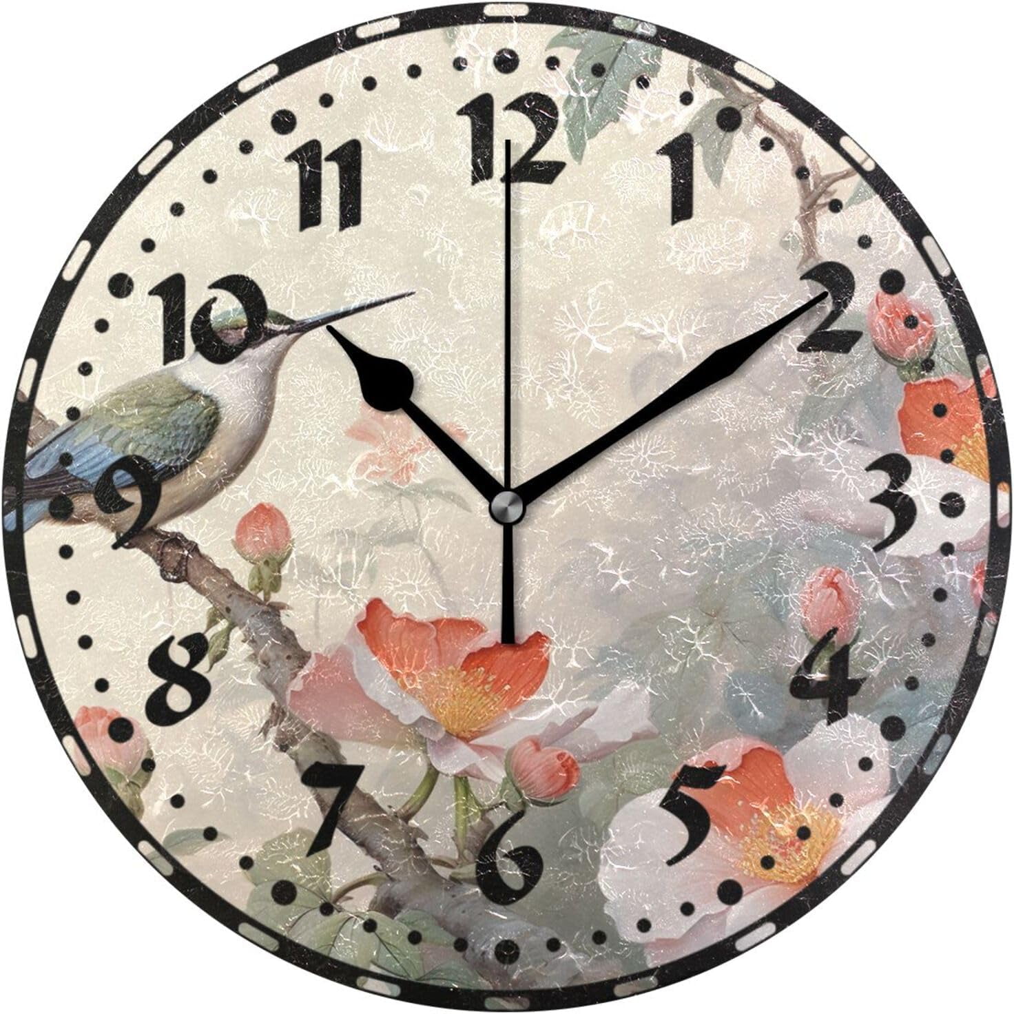 GZHJMY Chinese Bird and Floral Wall Clock, PVC Silent Non Ticking 10 ...
