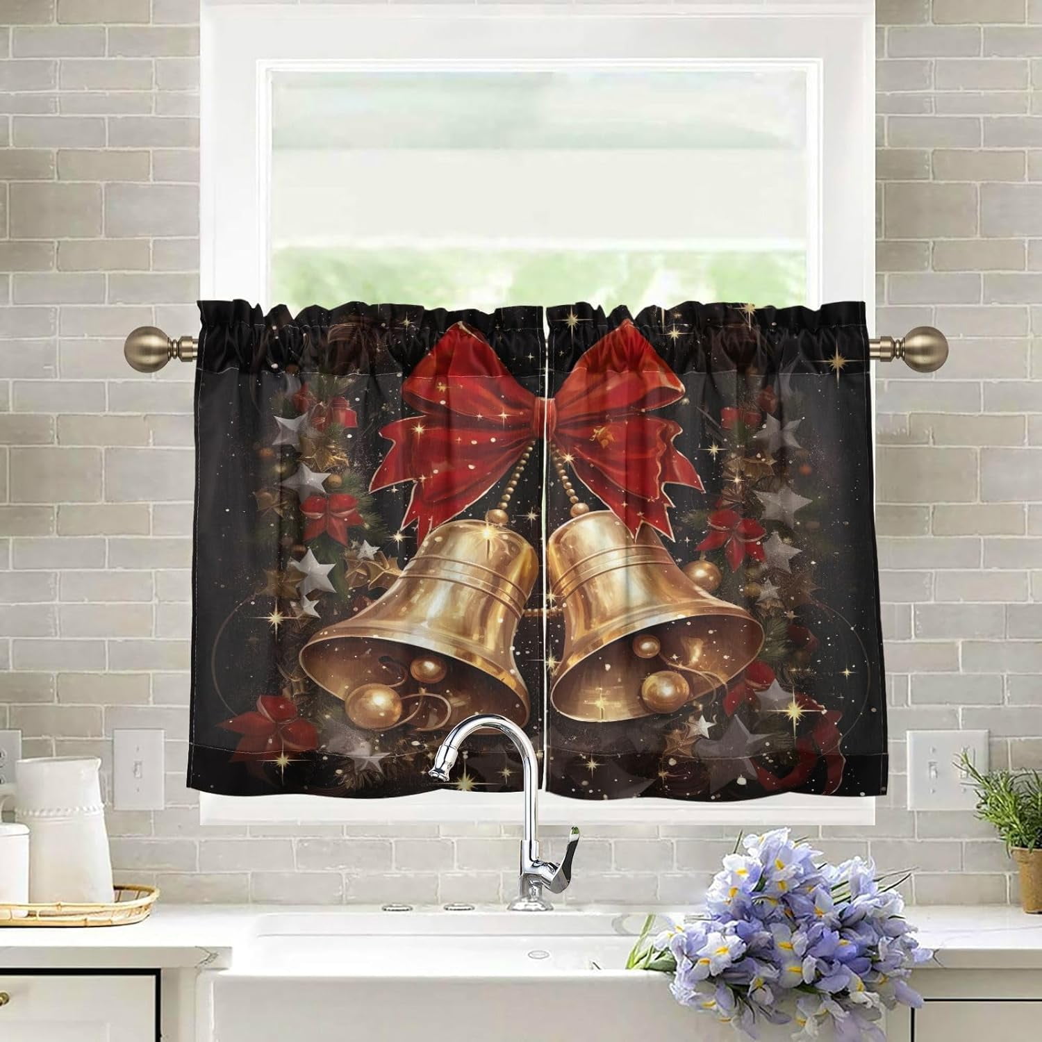 GZHJMY Christmas Bell Half Window Tier Curtains 24 Inch Blackout ...