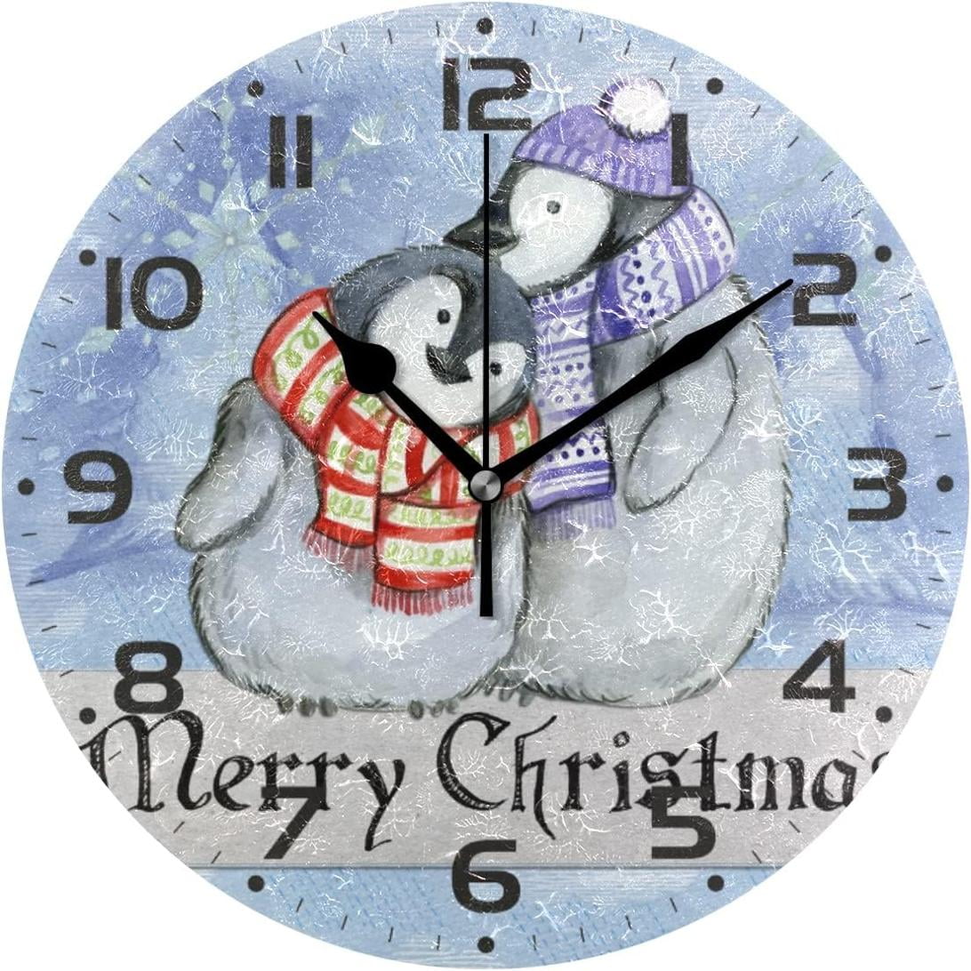 GZHJMY Christmas Penguins Wall Clock, 10" Silent Non Ticking Round ...
