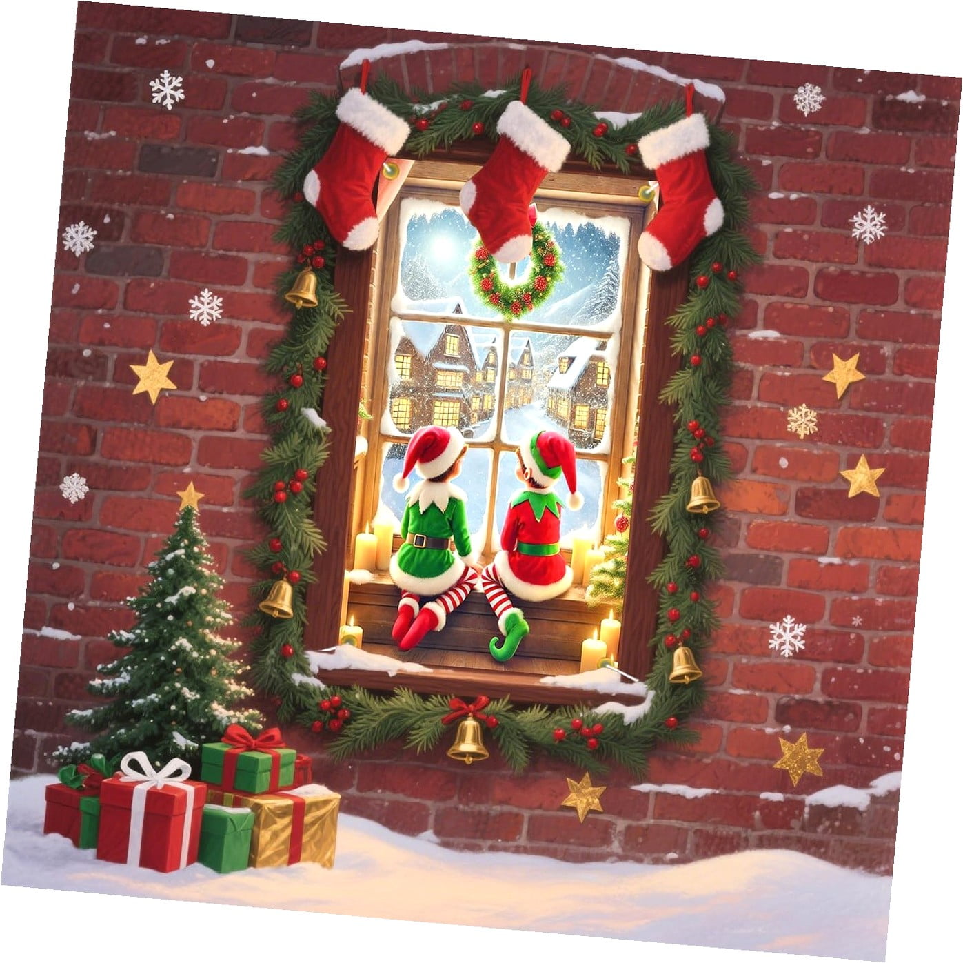 GZHJMY Christmas Window Banner 31.5 by 47.2 Inch Two Elves Watching ...