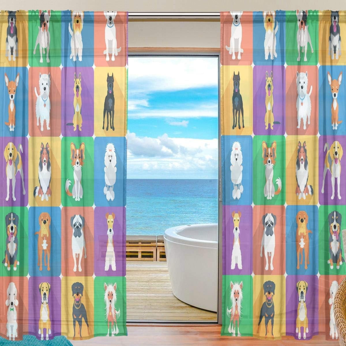 GZHJMY Colorful Cute Dogs Sheer Curtains Window Voile Panels Drapes ...
