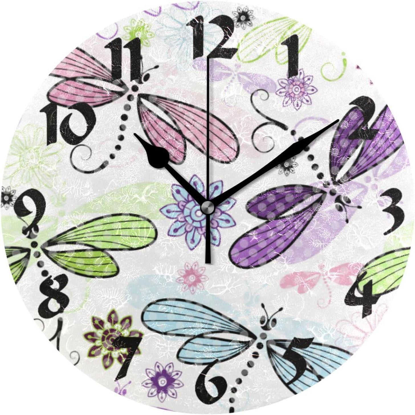 GZHJMY Colorful Dragonflies Round Wall Clock,Silent Non Ticking Battery ...