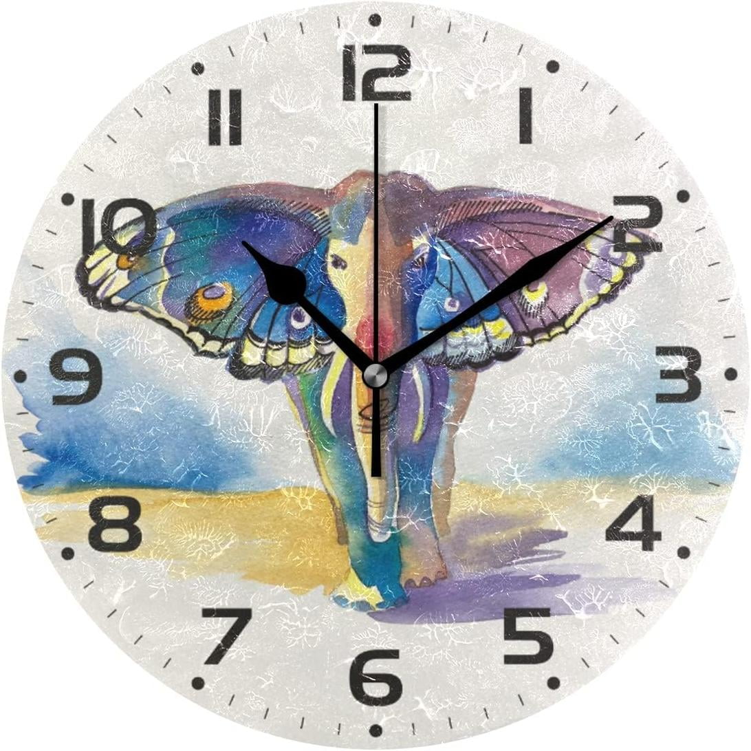 GZHJMY Colorful Elephant Wall Clock, 10" Silent Non Ticking Round Clock ...
