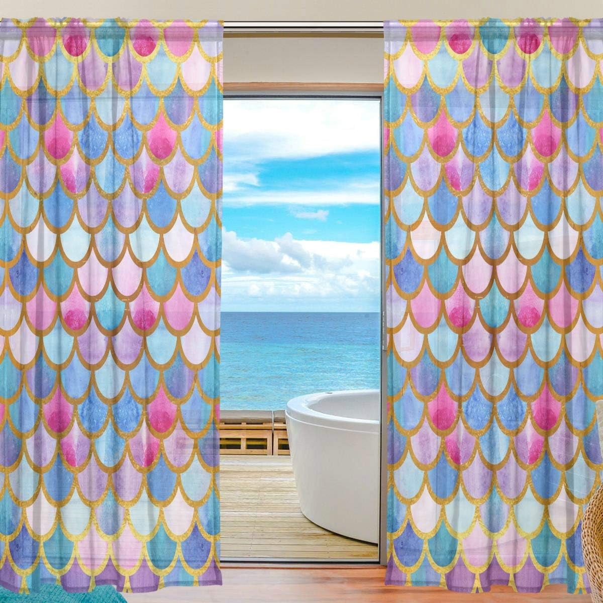 GZHJMY Colorful Watercolor Mermaid Scales Sheer Curtains Window Voile ...