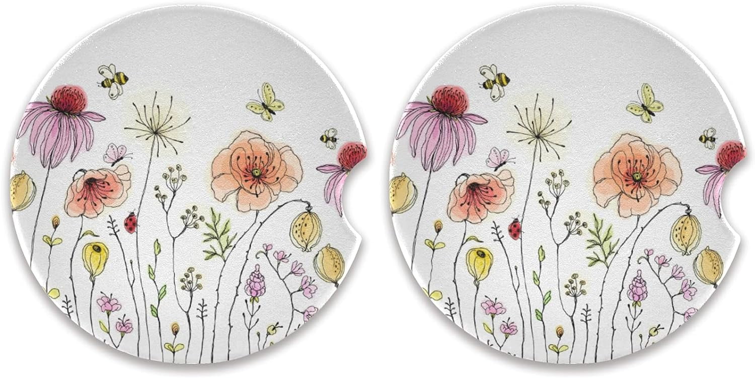 GZHJMY Colorful Wildflowers Car Coasters 2 Pieces, Absorbent Ceramic ...