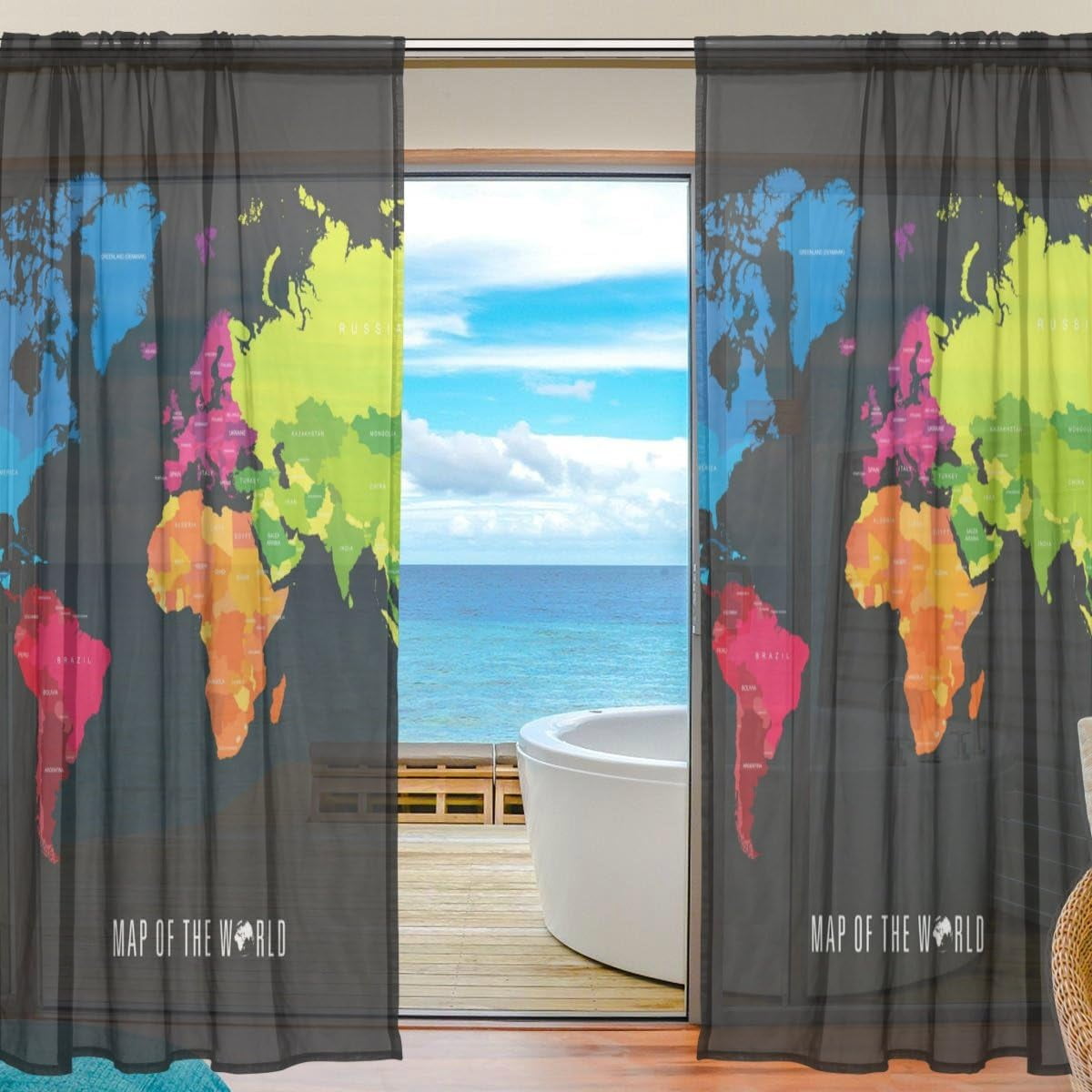 GZHJMY Colorful World Map Sheer Window Curtain Panel Drape 55x84 Inch ...