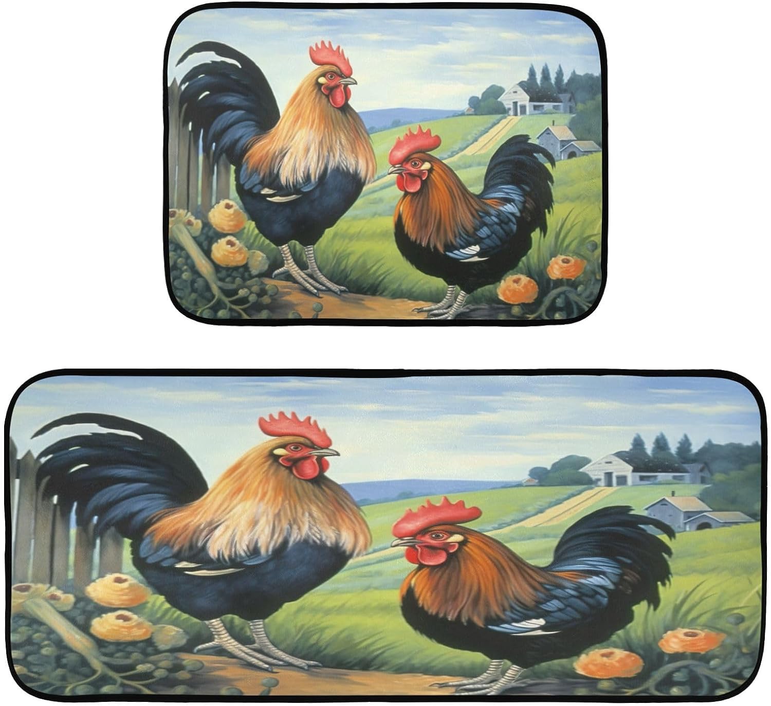 GZHJMY Country Rooster Kitchen Rug Set of 2 Non Slip Washable Cushioned ...