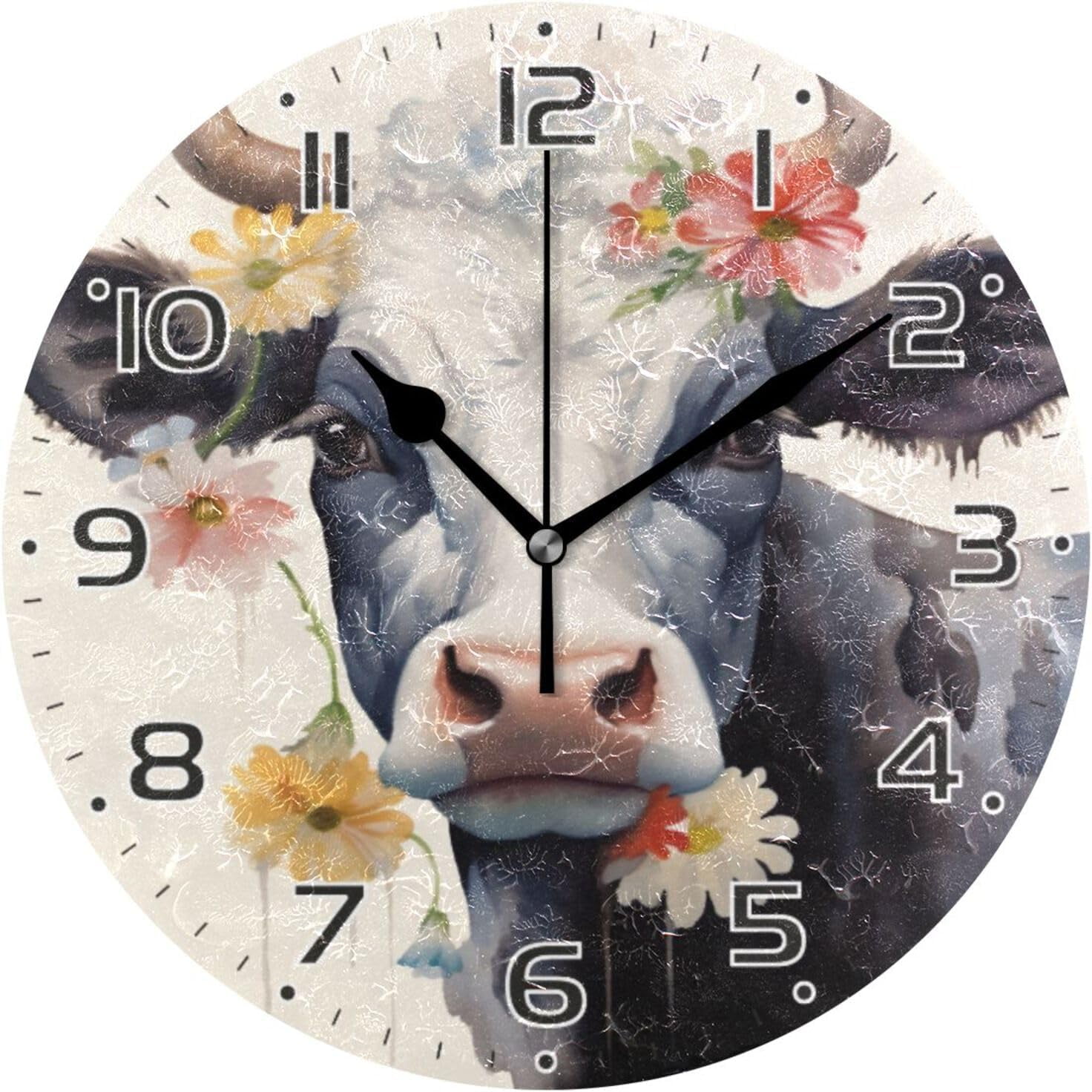 GZHJMY Cow Flower Clock Silent Round PVC Wall Clock Non Ticking Battery ...