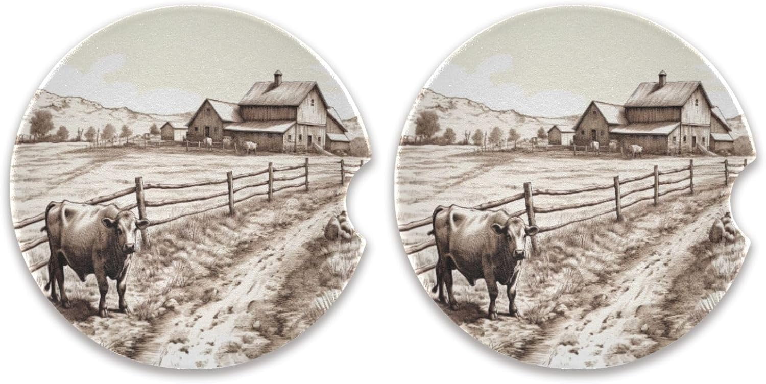 GZHJMY Cows in Countryside Car Coasters 2 Pack Drinks Absorbent Ceramic ...