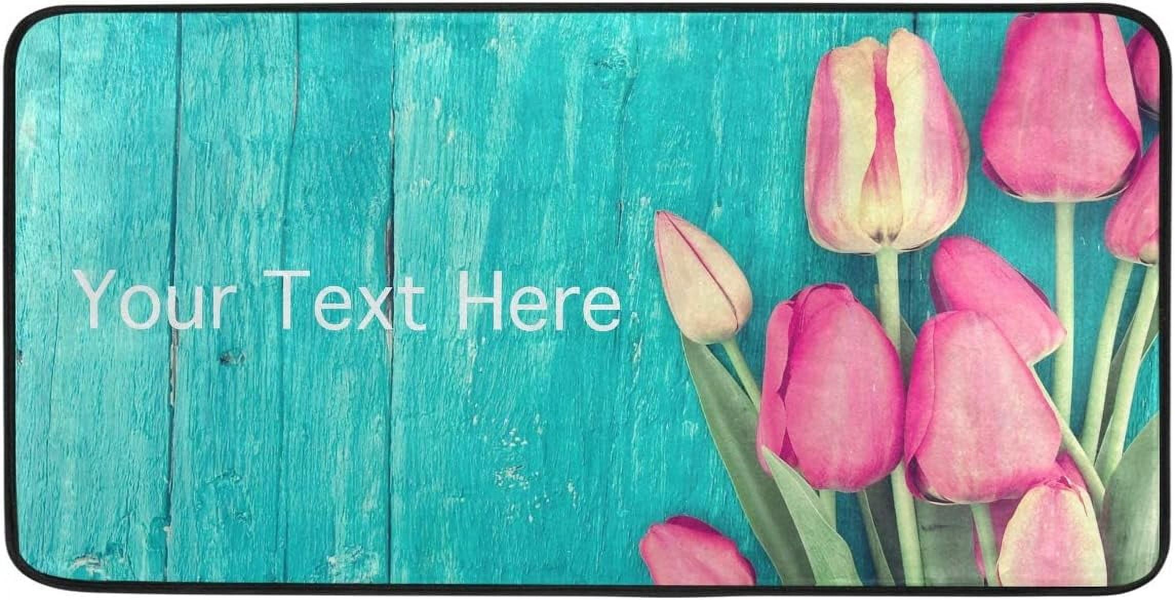 GZHJMY Custom Kitchen Rug Pink Tulips Floral On Turquoise Wood Door Mat ...