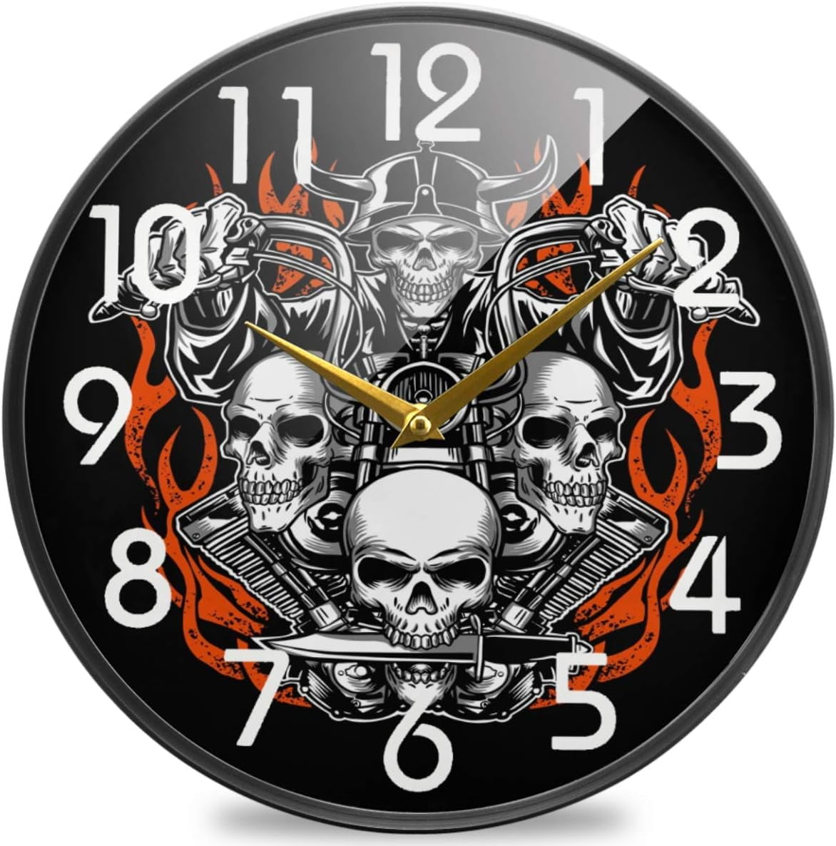GZHJMY Custom Motorcycle Skull Round Wall Clock, 9.5 Inch Silent ...