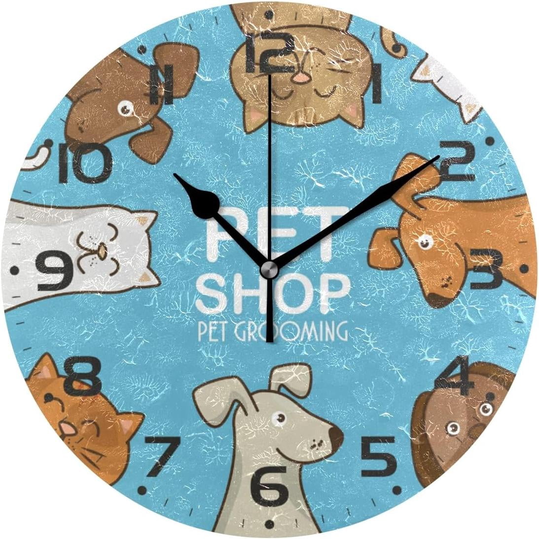 GZHJMY Cute Animal Cat and Dog Wall Clock, 10" Silent Non Ticking Round ...