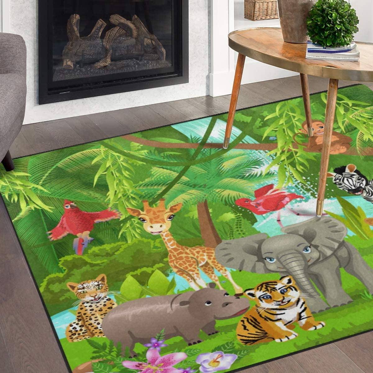 GZHJMY Cute Area Rug 4'x5', Jungle Animals Tiger Lion Elephant Giraffe ...