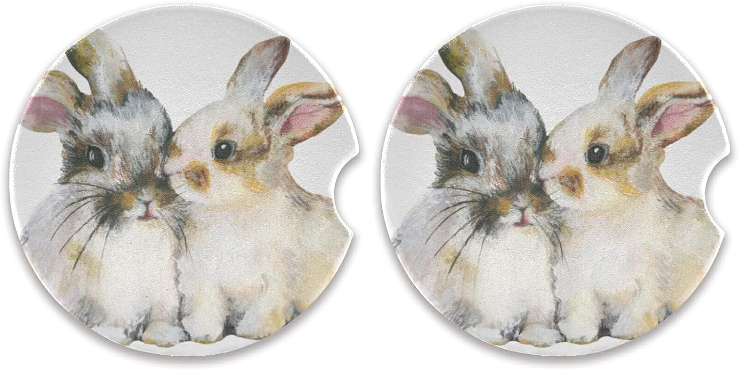 GZHJMY Cute Bunny car Coaster 2 Pieces, Absorbent Ceramic Cork Base car ...