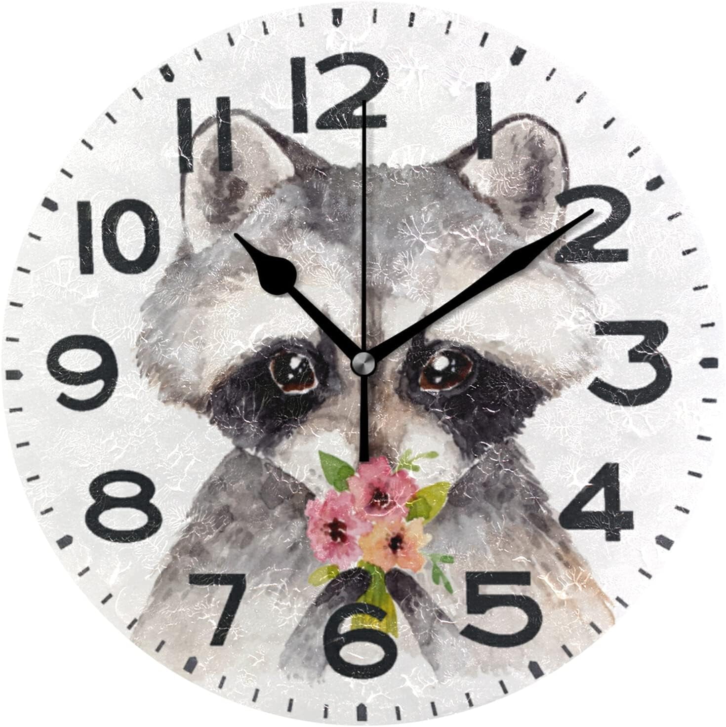 GZHJMY Cute Cartoon Raccoon Smell Flowers Round Wall Clock, 9.5 Inch ...