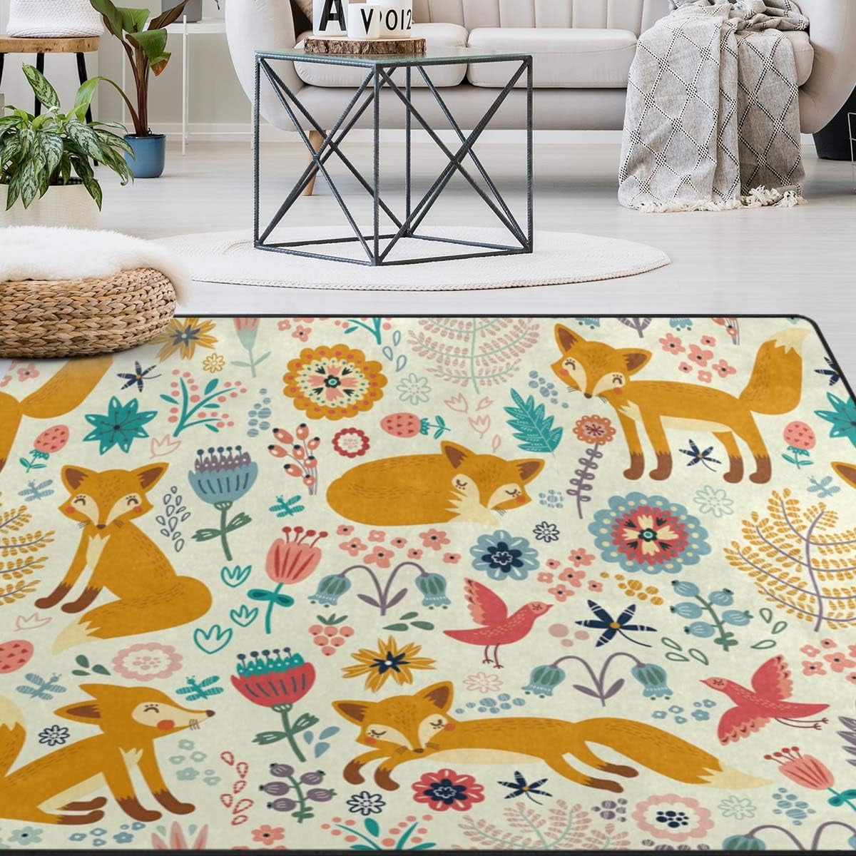 GZHJMY Cute Fox Area Rug 4'x5', Cute Jungle Animal Fox with Flower ...