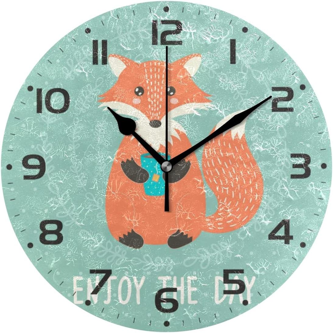 GZHJMY Cute Fox Wall Clock, 10" Silent Non Ticking Round Clock, Oil ...