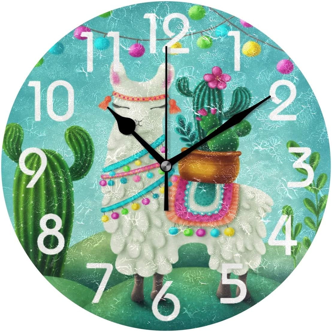 GZHJMY Cute Llama with Cactus Forest Print Round Wall Clock Decorative ...