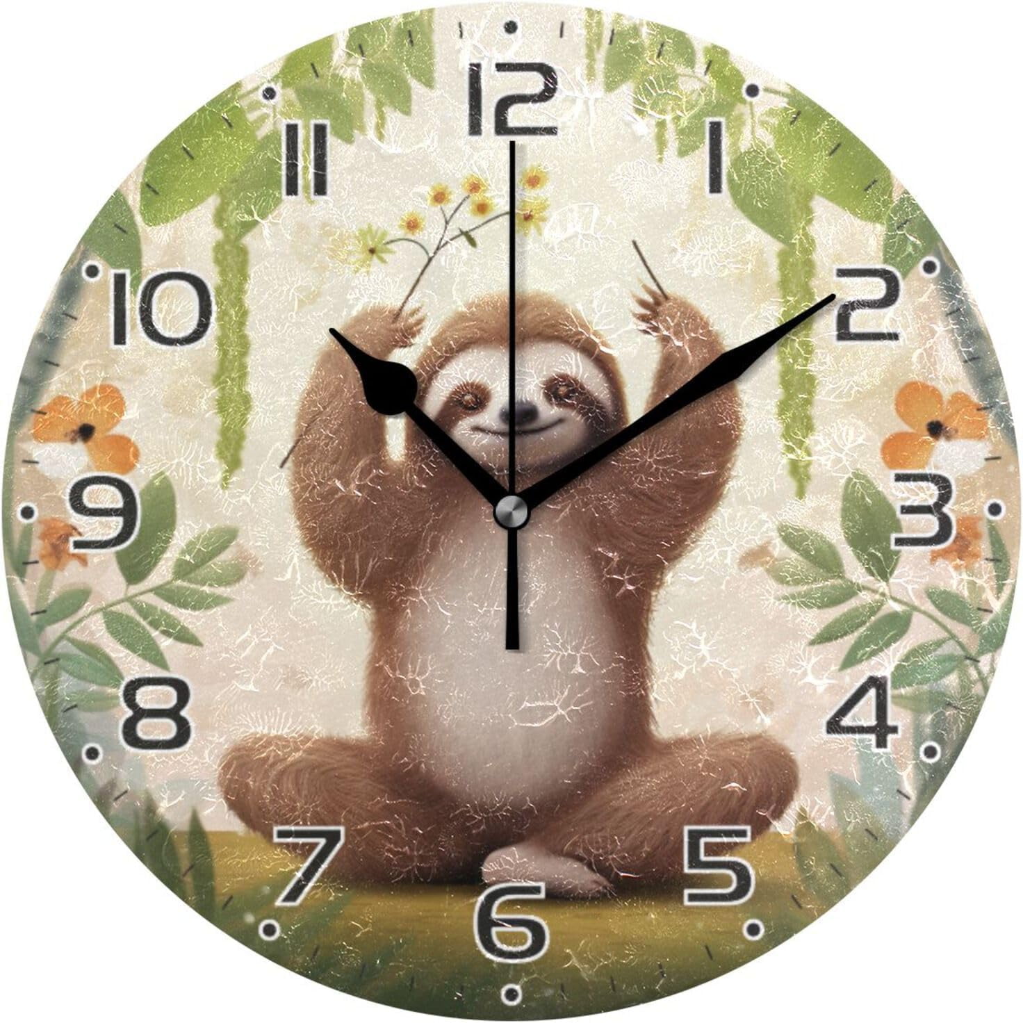 GZHJMY Cute Sloth Clock Silent Round PVC Wall Clock Non Ticking Battery ...