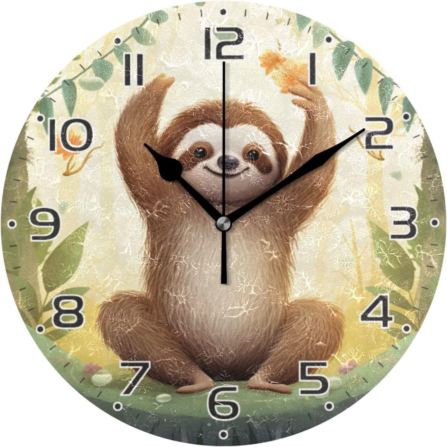 GZHJMY Cute Sloth Clock Silent Round Wall Clock Non Ticking Battery ...
