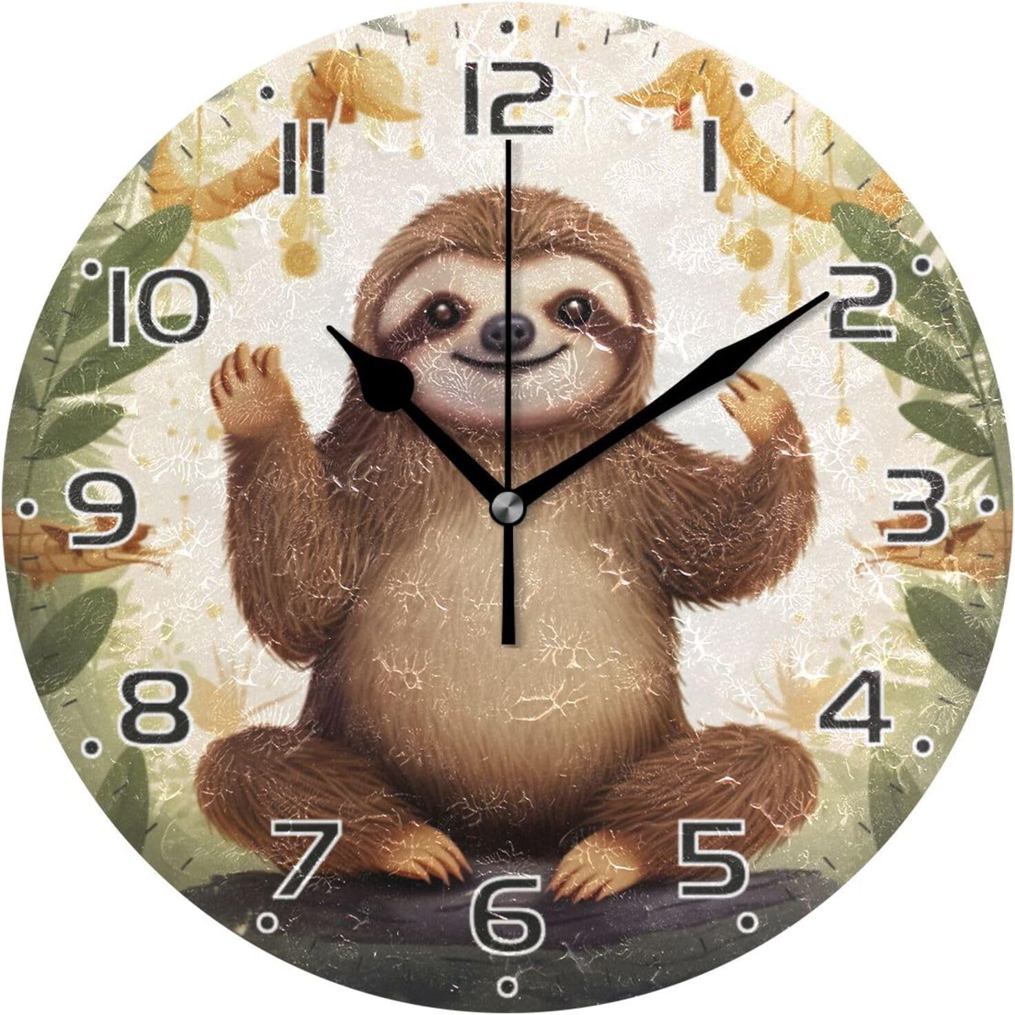 GZHJMY Cute Sloth Clock Silent Round Wall Clock Non Ticking Battery ...