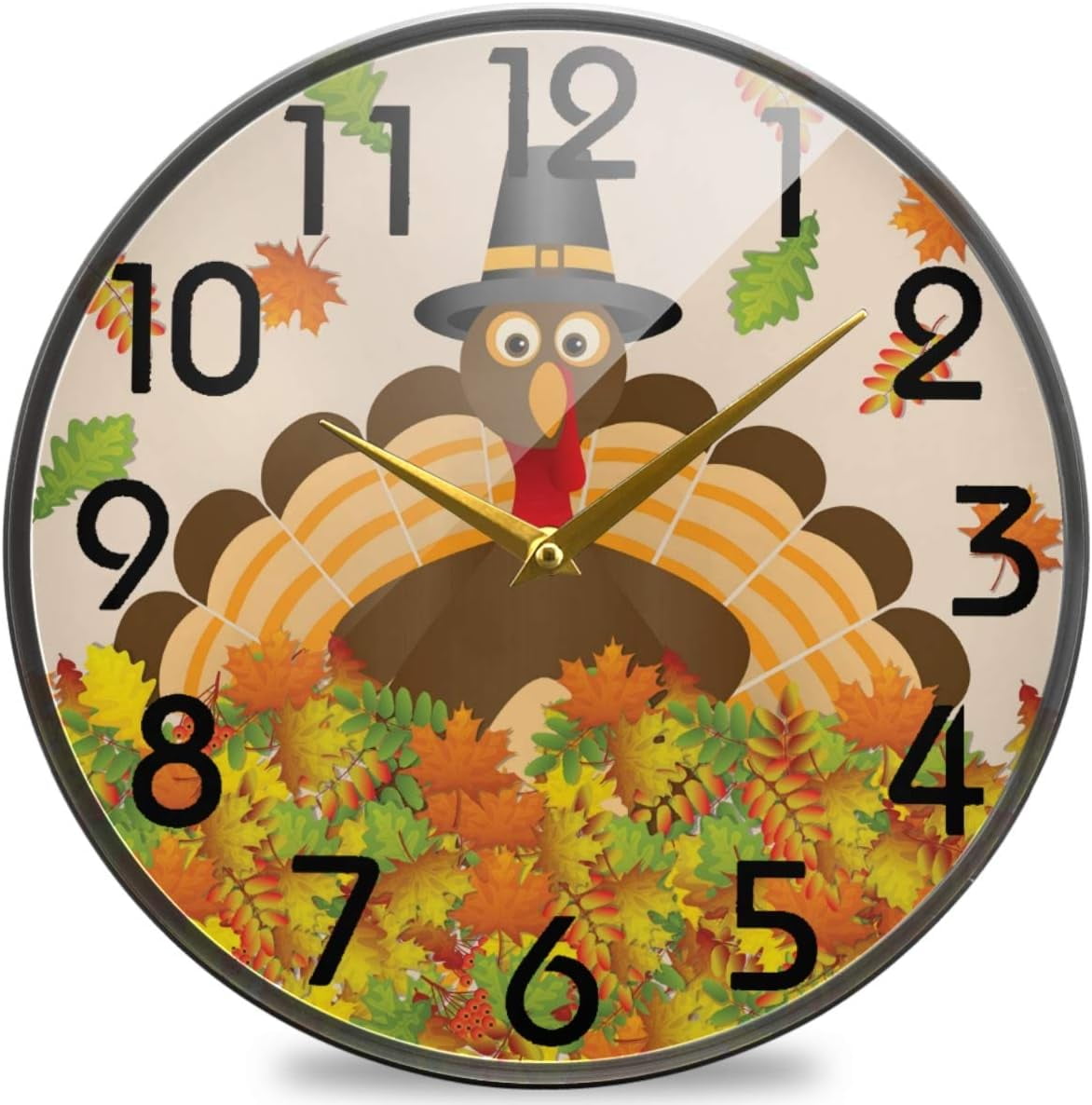GZHJMY Cute Thanksgiving Turkey Autumn Leaves Print Round Wall Clock, 9 ...