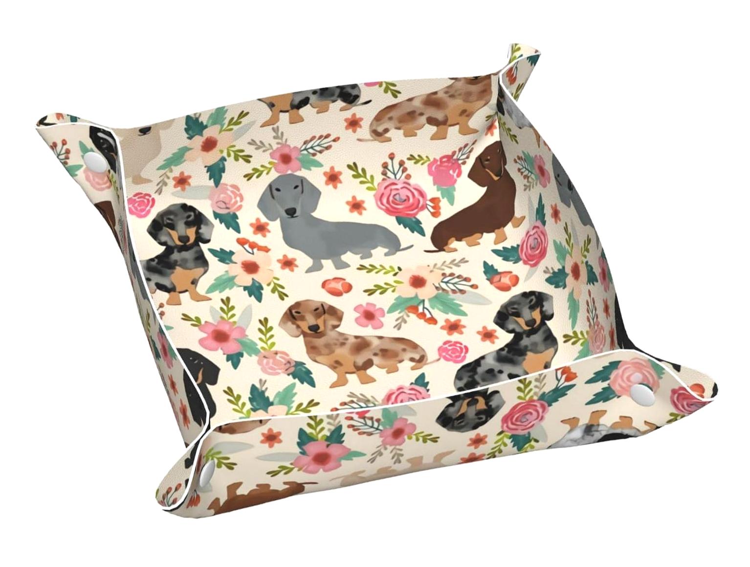 GZHJMY Dachshund Sausage Dogs Floral Print Leather Vanity Tray, Desktop ...