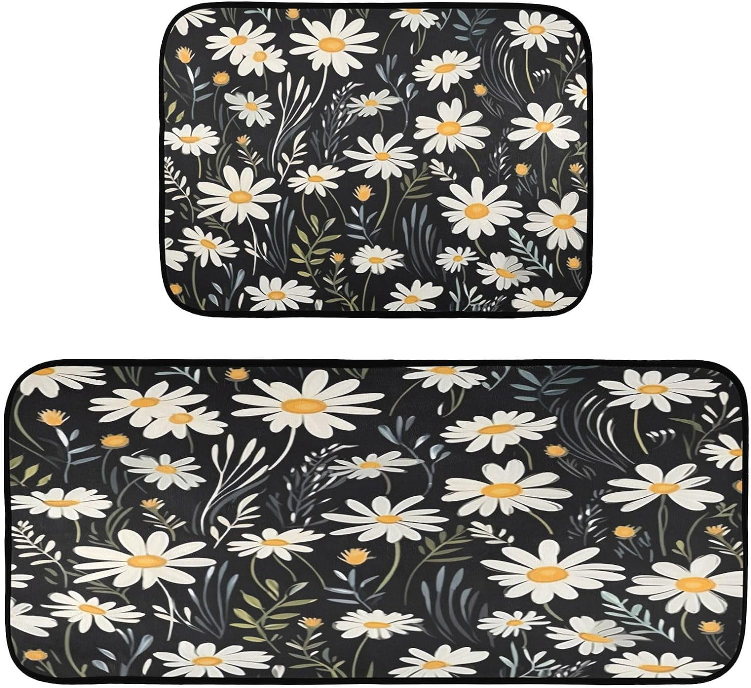 GZHJMY Daisy Pattern Kitchen Rug Set of 2 Non Slip Washable Cushioned ...