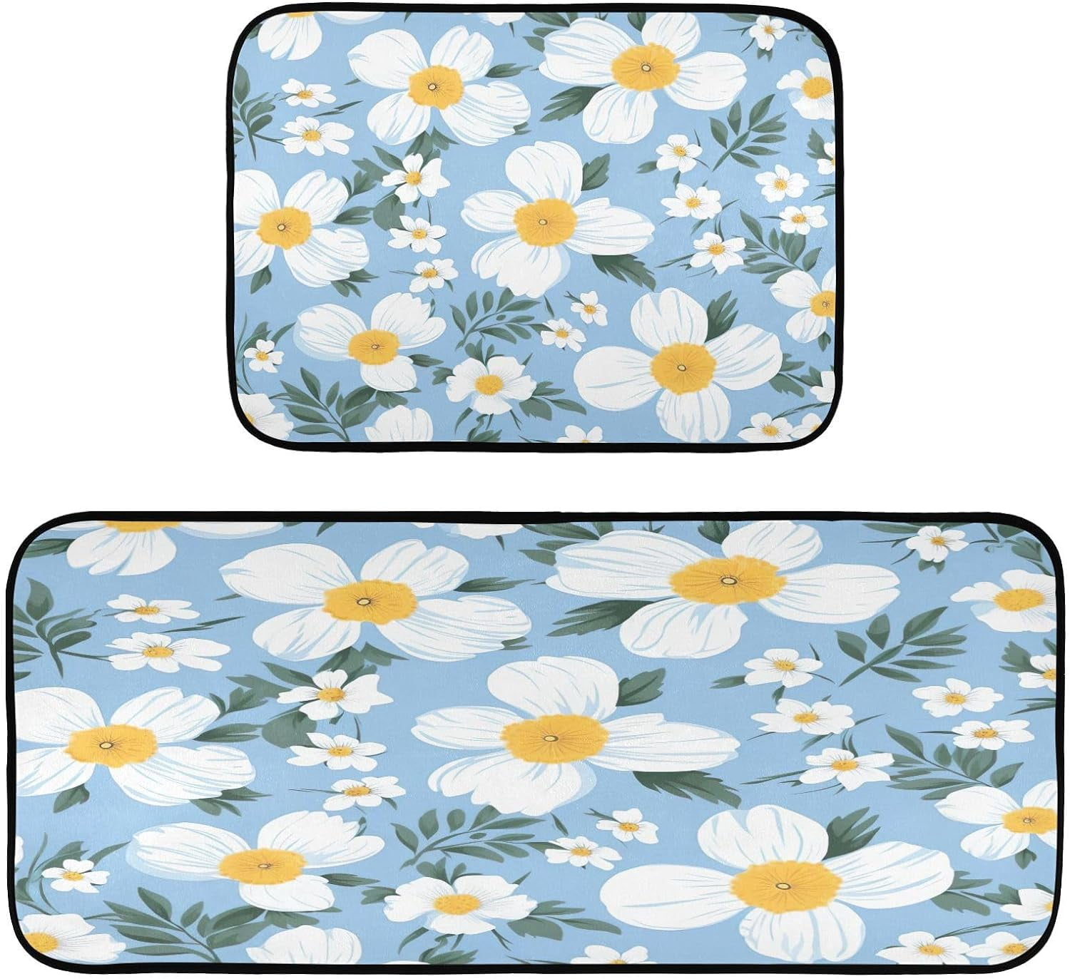 GZHJMY Daisy Pattern Kitchen Rug Set of 2 Non Slip Washable Cushioned ...